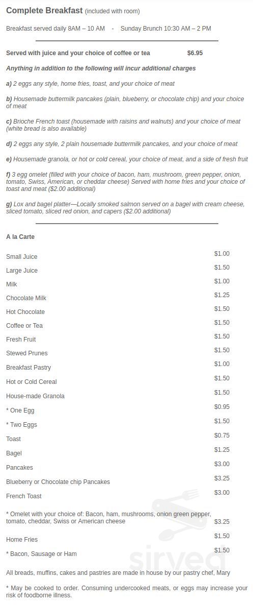Menu - Starlight PA's The Inn Starlight Lake & Restaurant | Sirved