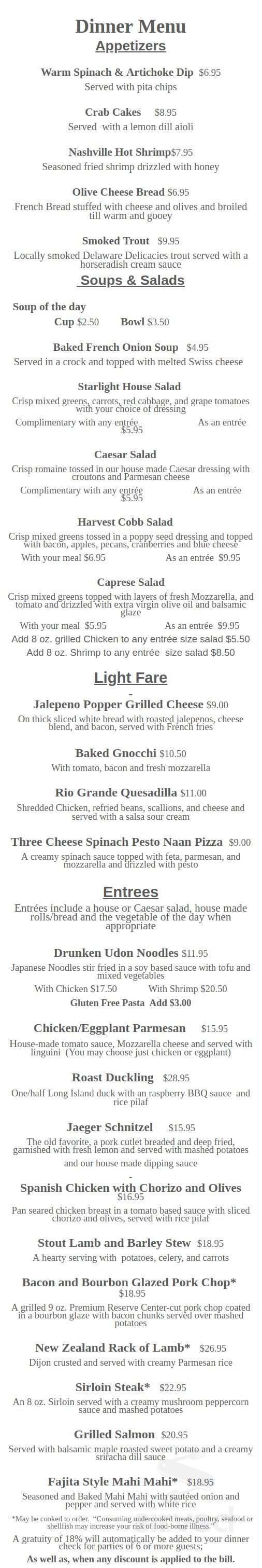 Menu - Starlight PA's The Inn Starlight Lake & Restaurant | Sirved
