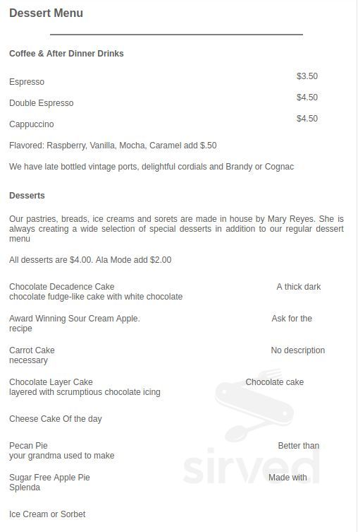 Menu - Starlight PA's The Inn Starlight Lake & Restaurant | Sirved