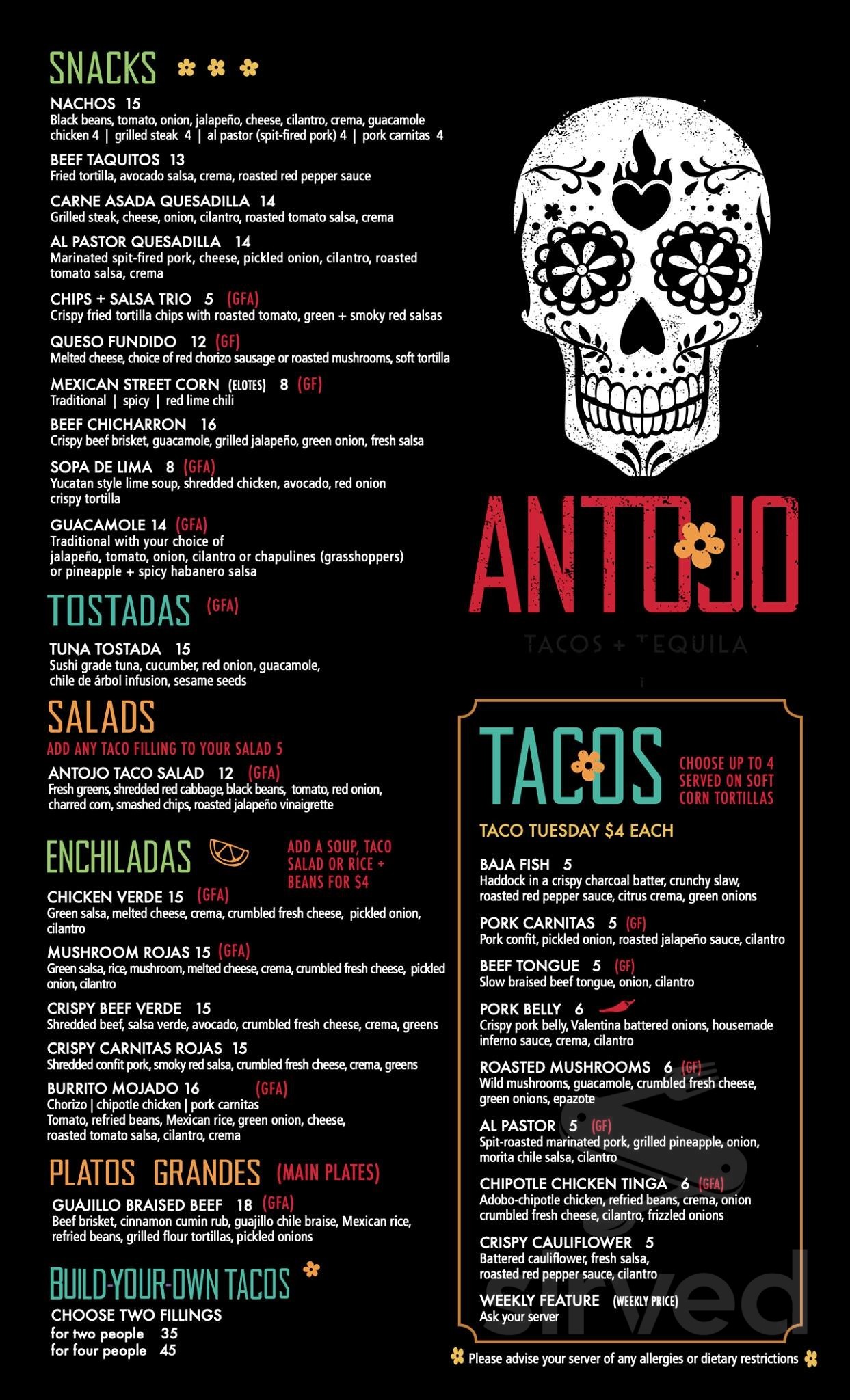 Menu - Halifax NS's Antojo Tacos + Tequila | Sirved