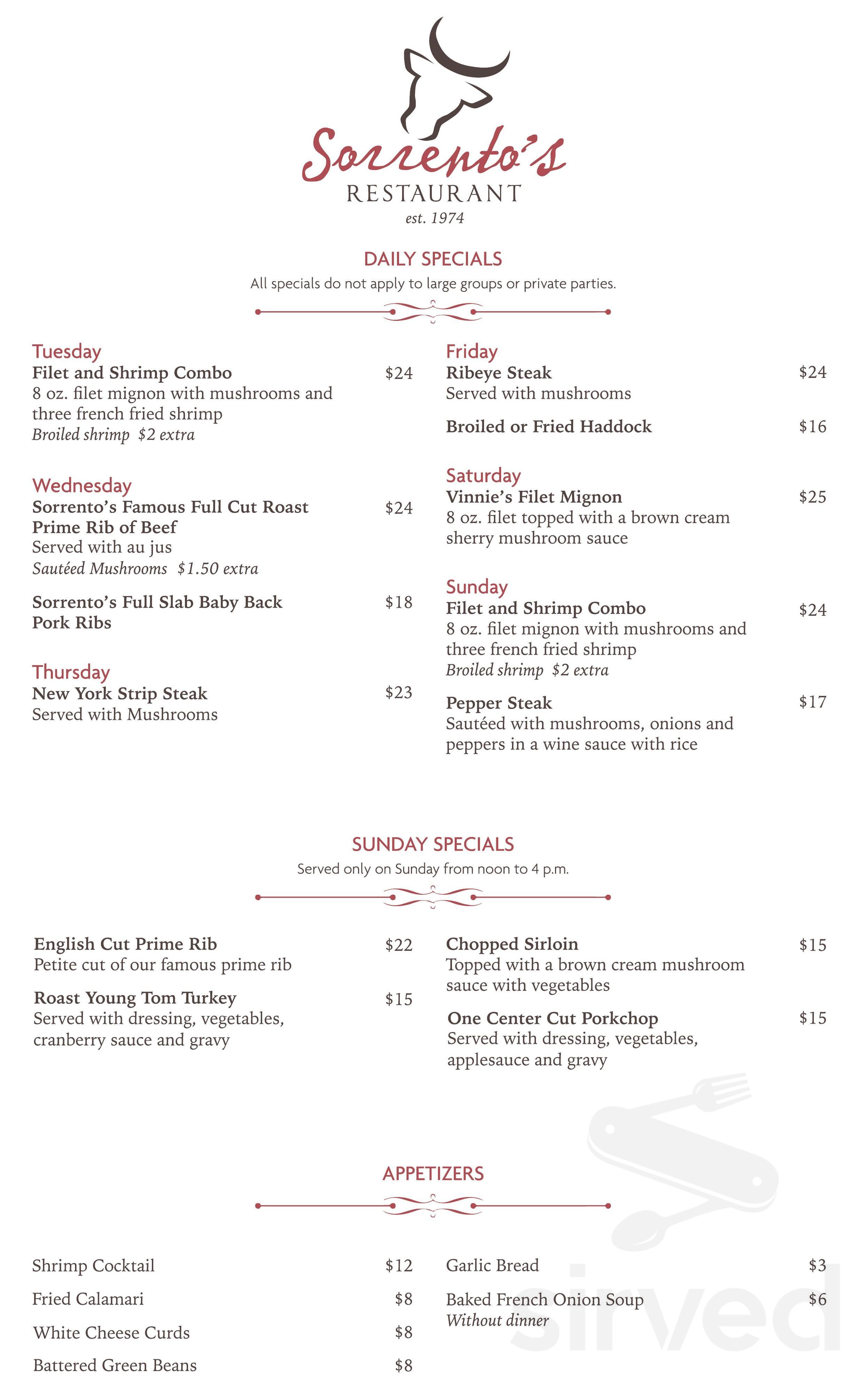 Sorrento's Restaurant menu in Maple Park, Illinois, USA