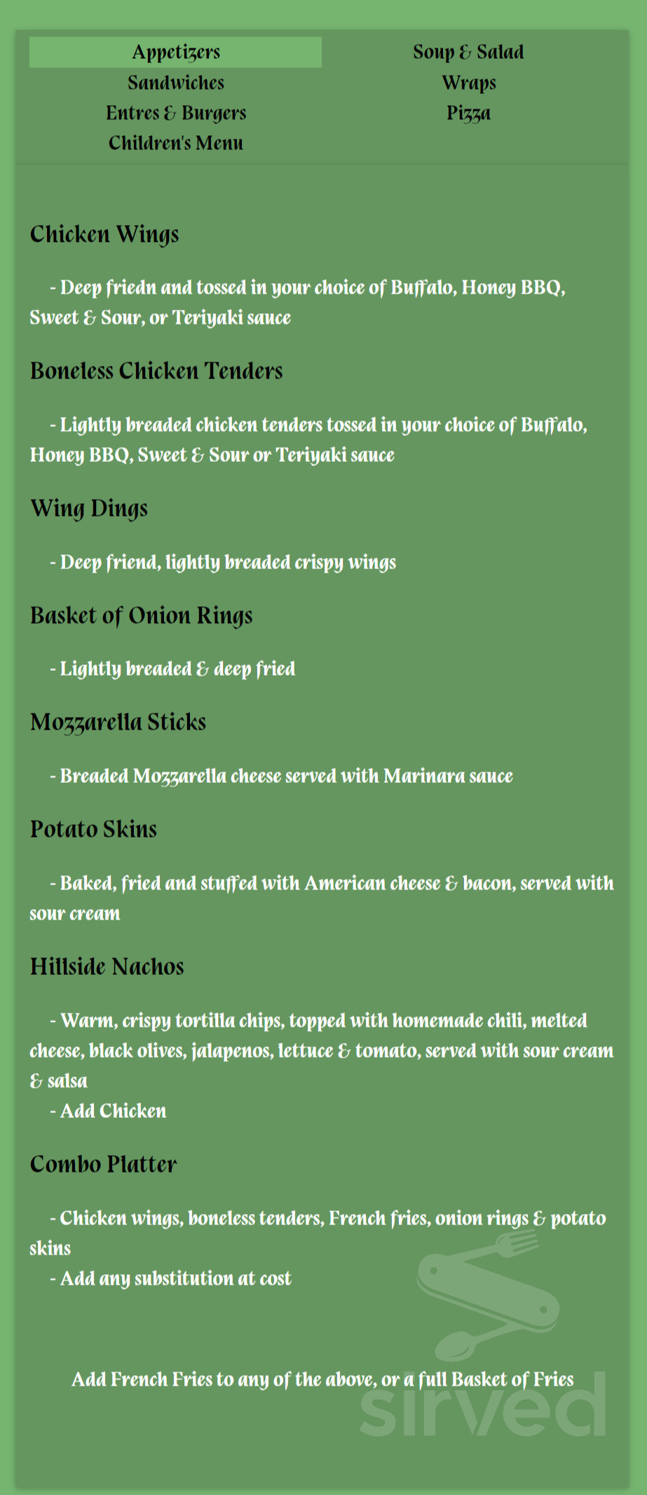 Hillside Pub menu in Canton, Massachusetts, USA