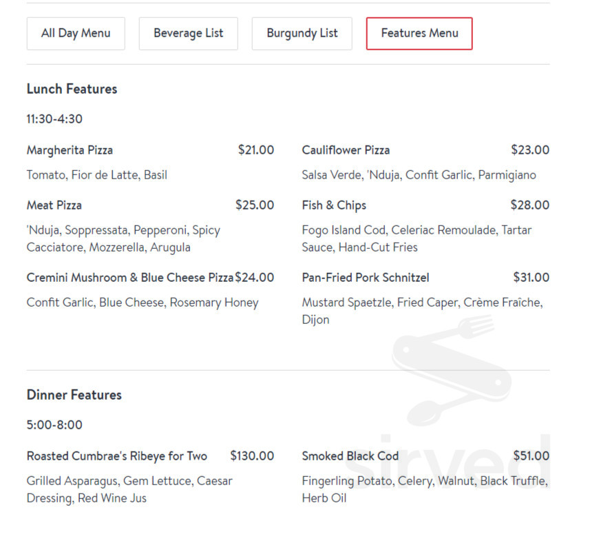 Redstone Winery & Restaurant menu in Beamsville, Ontario, Canada