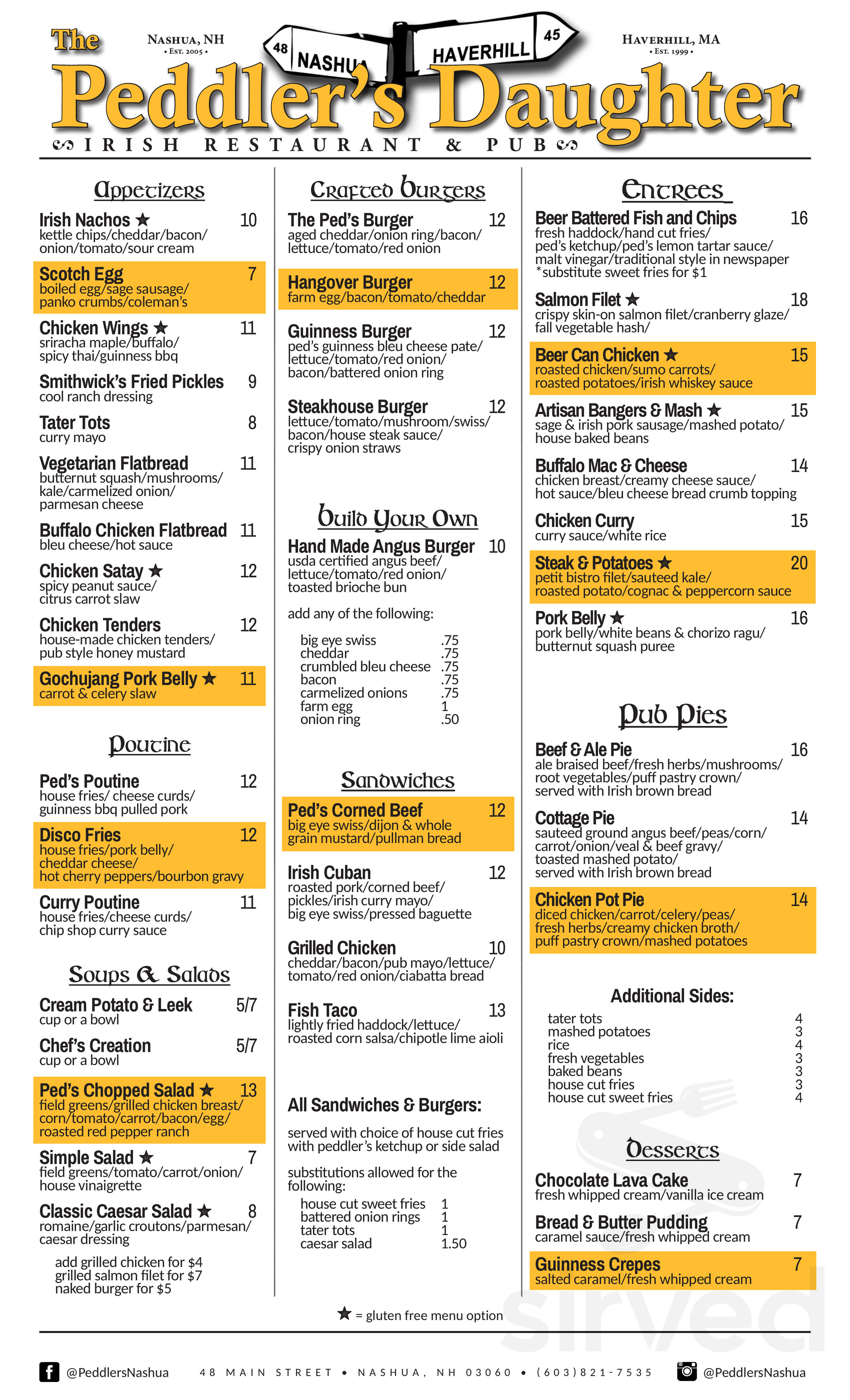 The Peddler's Daughter menu in Nashua, New Hampshire, USA