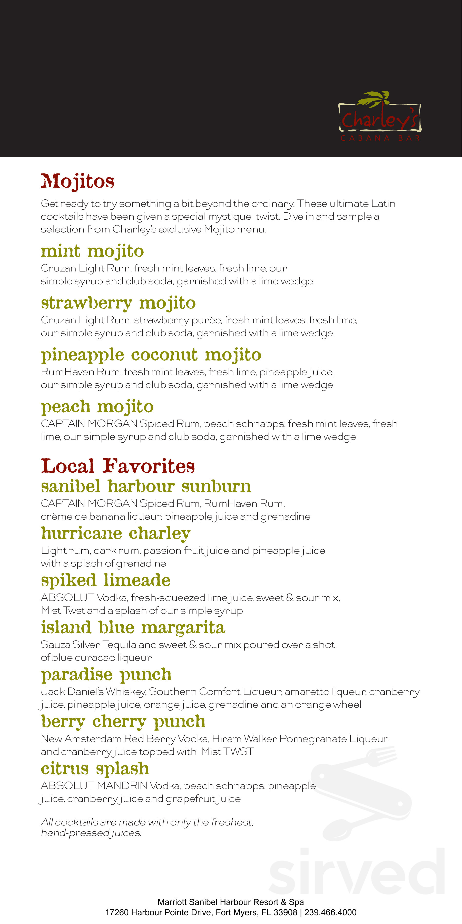 Charley's Cabana Bar menu in Fort Myers, Florida, USA