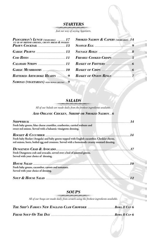 The Olde Ship menu in Fullerton, California, USA