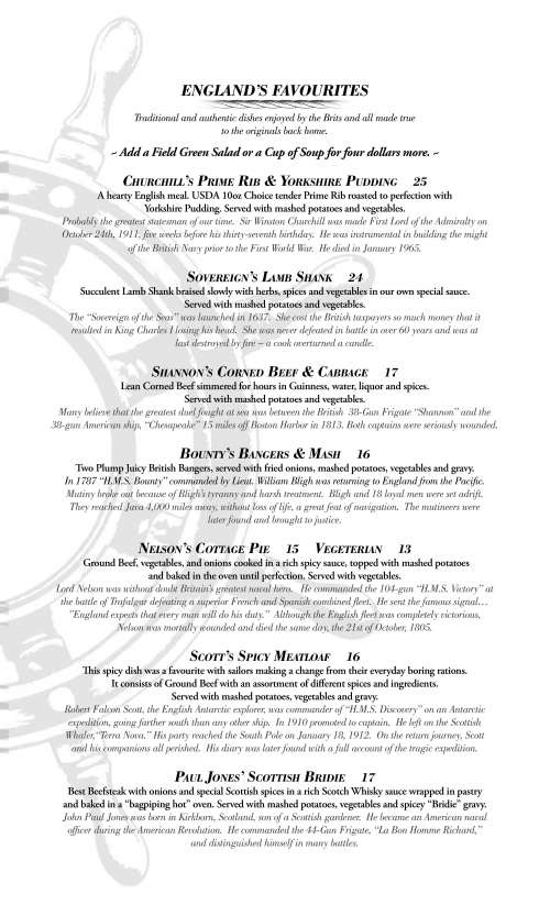 The Olde Ship menu in Fullerton, California, USA