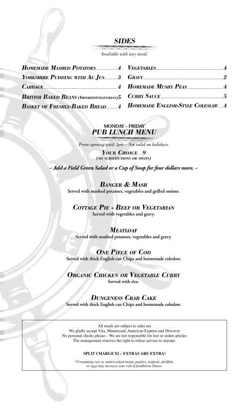 The Olde Ship menu in Fullerton, California, USA
