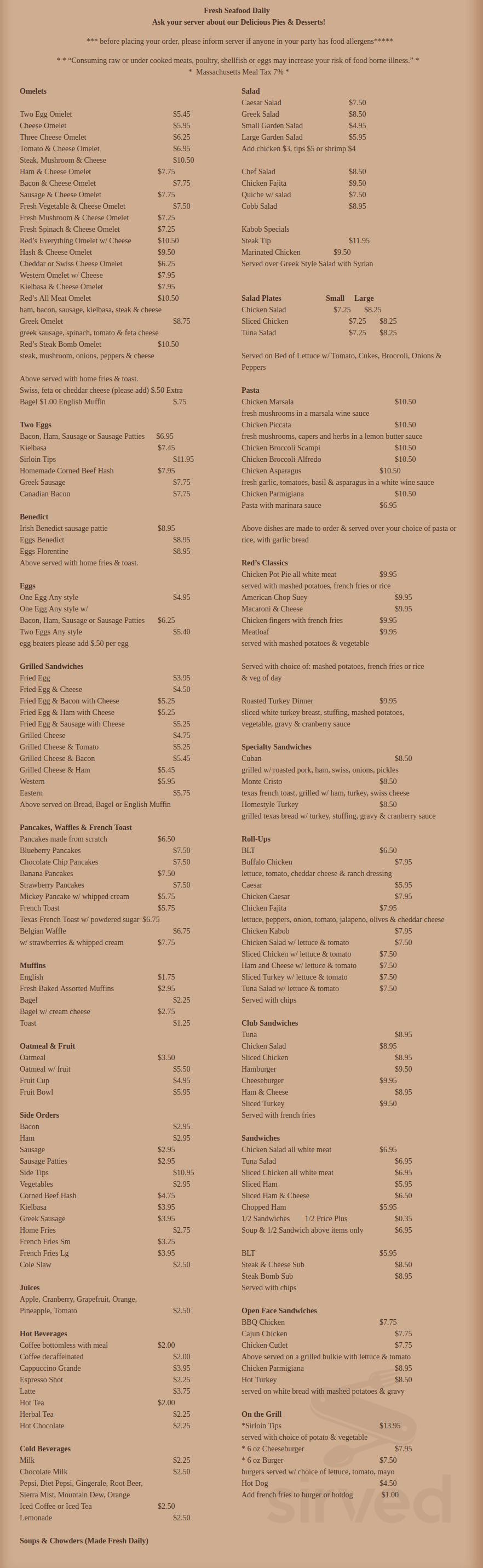 Menu for Red's Kitchen + Tavern in Peabody, MA | Sirved