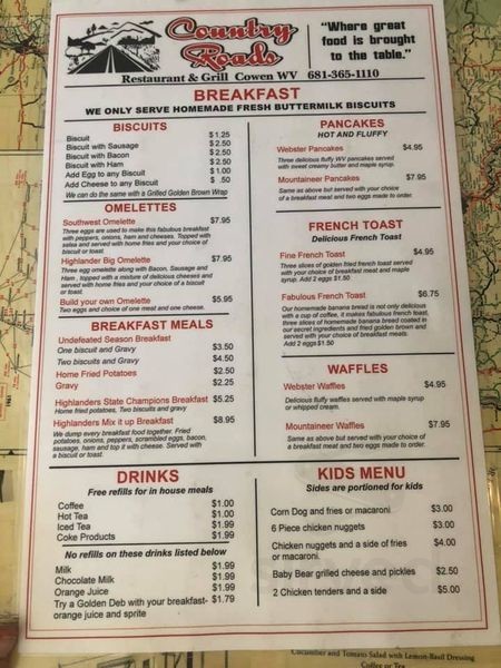 Menu - Cowen WV's Country Roads Restaurant & Grill | Sirved