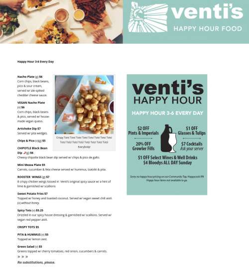 Venti's Cafe + Taphouse menu in Salem, Oregon, USA