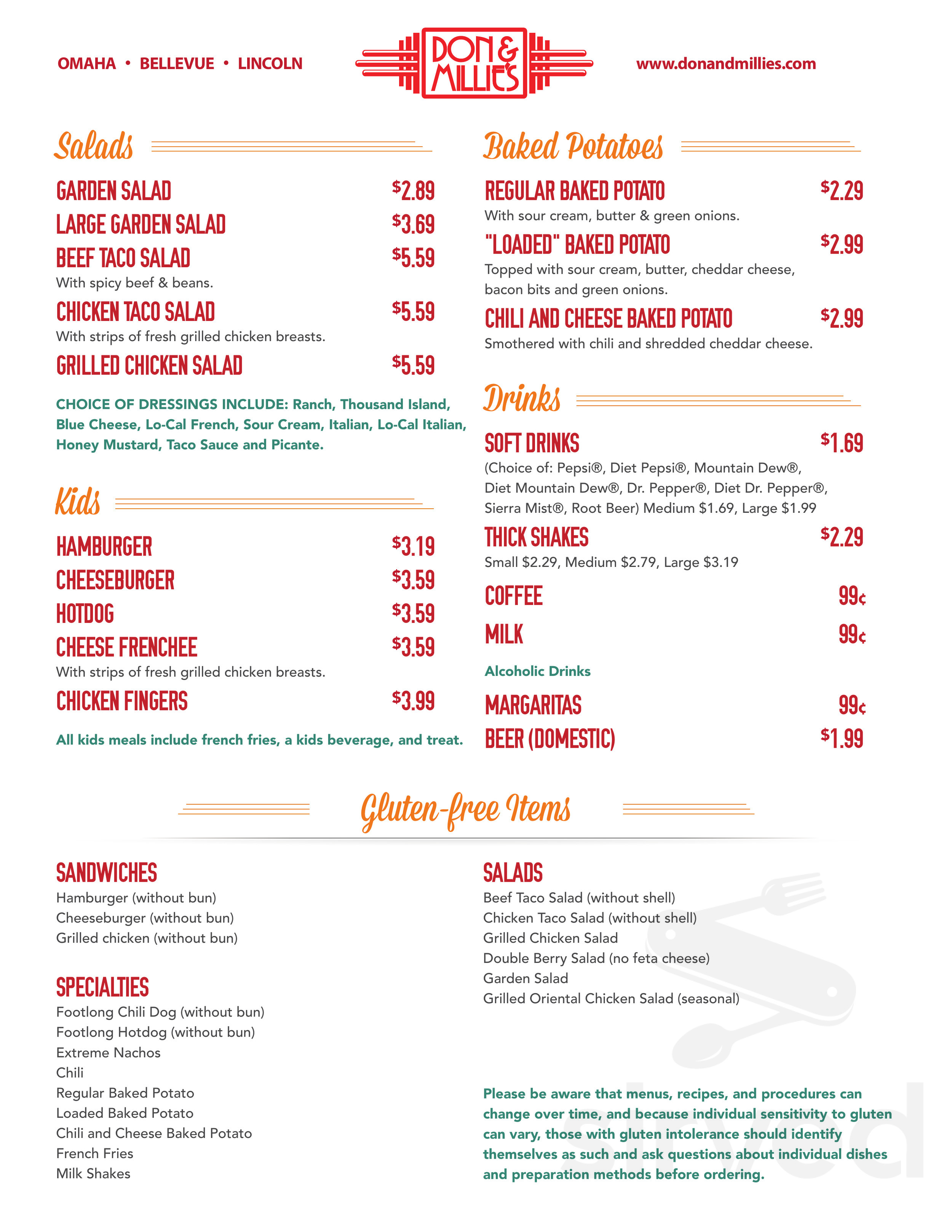 Don & Millie's menu in Omaha, Nebraska, USA