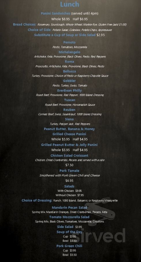 EverBean by the Lake menu in Evergreen, Colorado, USA