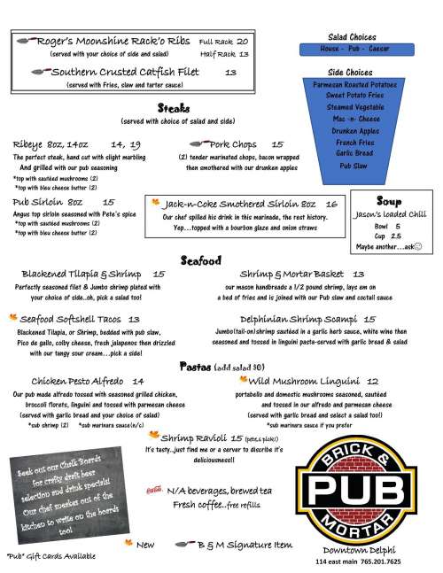 Brick and Mortar Pub menu in Delphi, Indiana, USA
