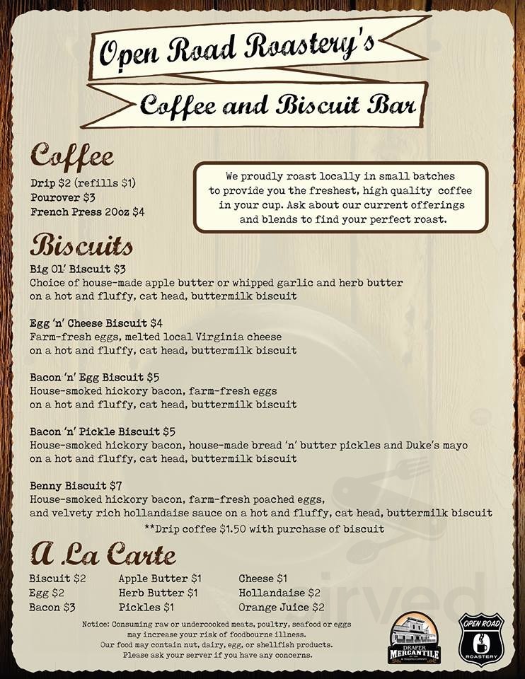 The Draper Mercantile and Trading Company menu in Draper, Virginia, USA