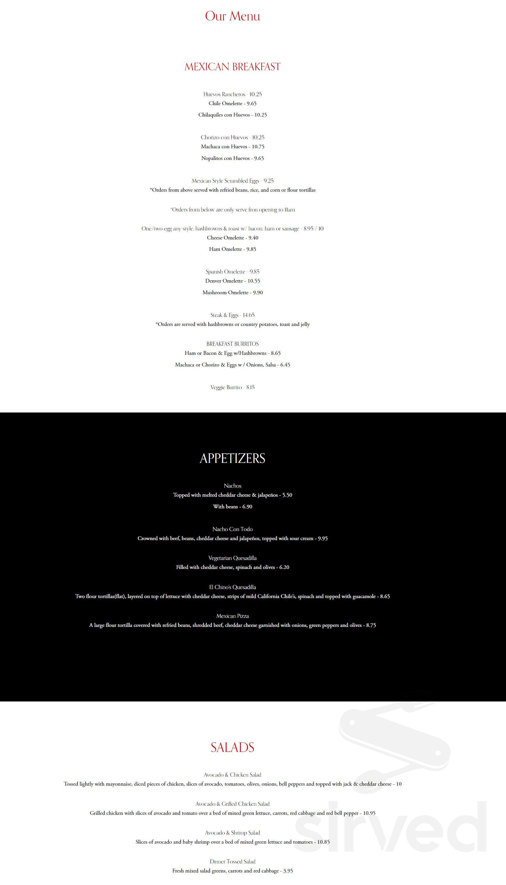 El Chino Mexican Restaurant menu in Santa Cruz, California, USA