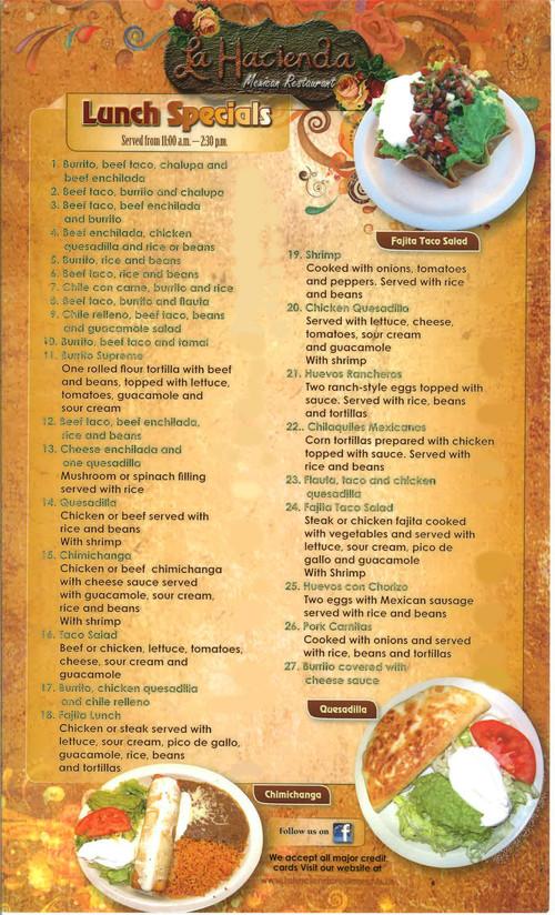 La Hacienda Mexican Restaurant menu in Pace, Florida, USA