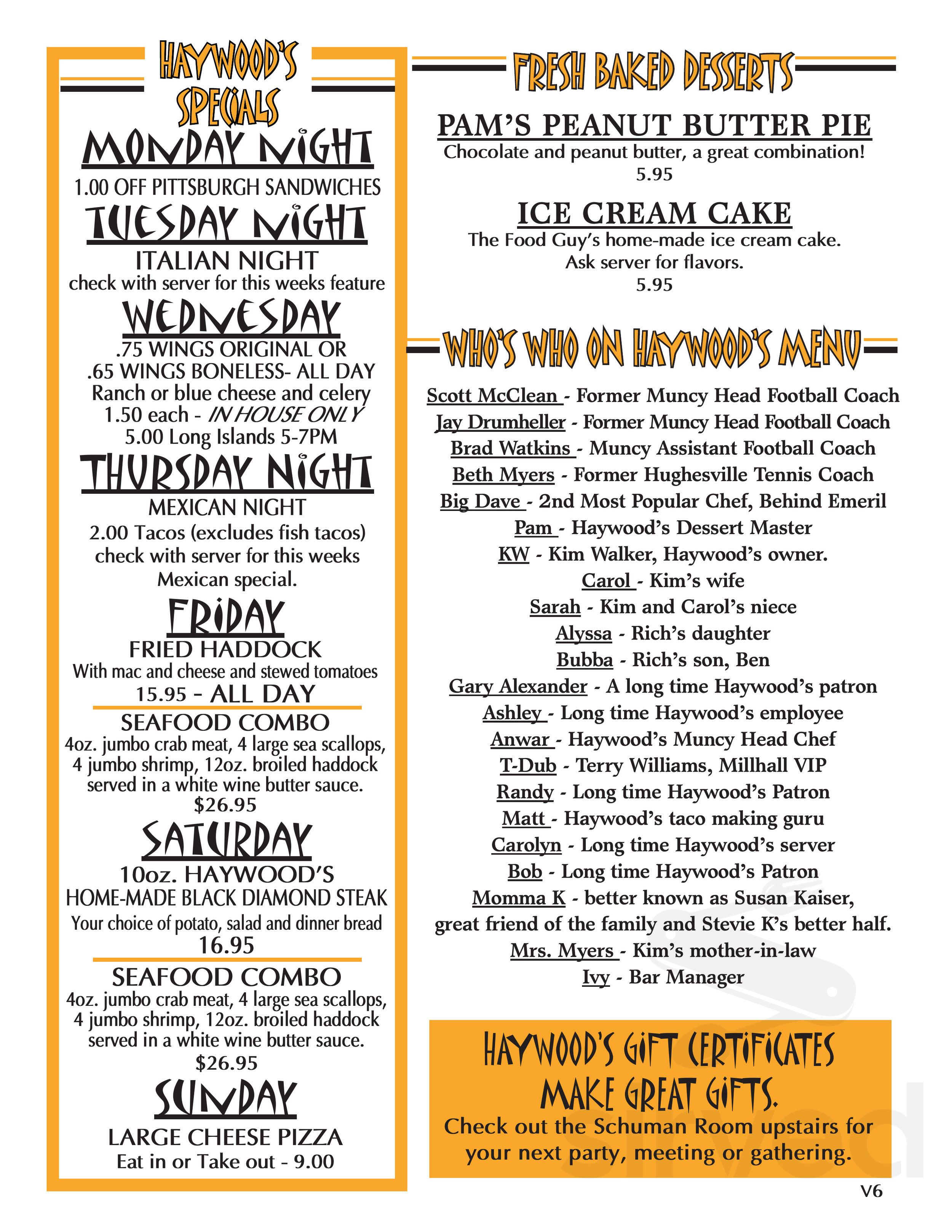 Haywood's Bar & Grill menu in Muncy, Pennsylvania, USA