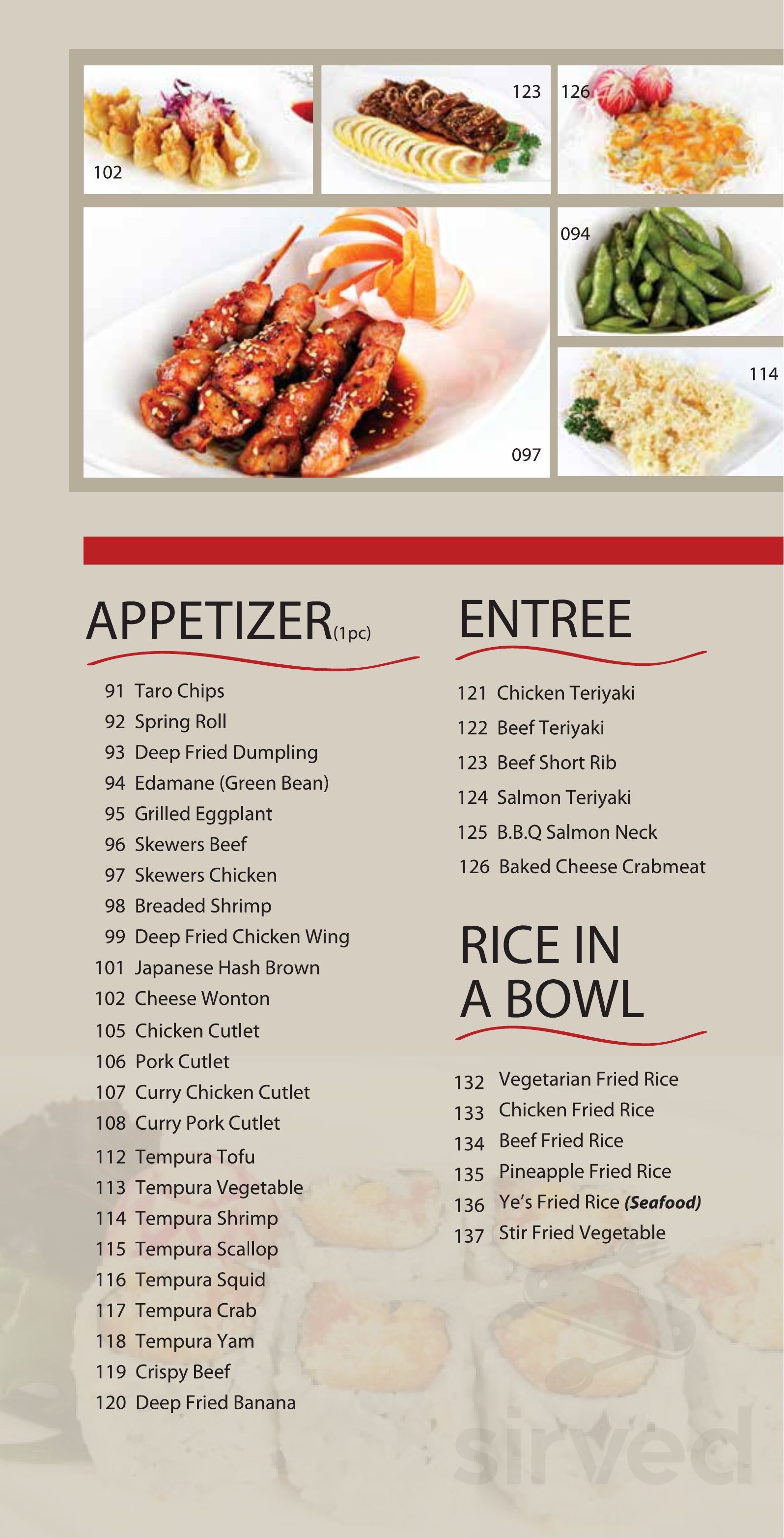 Ye's Sushi menu in Kitchener, Ontario, Canada