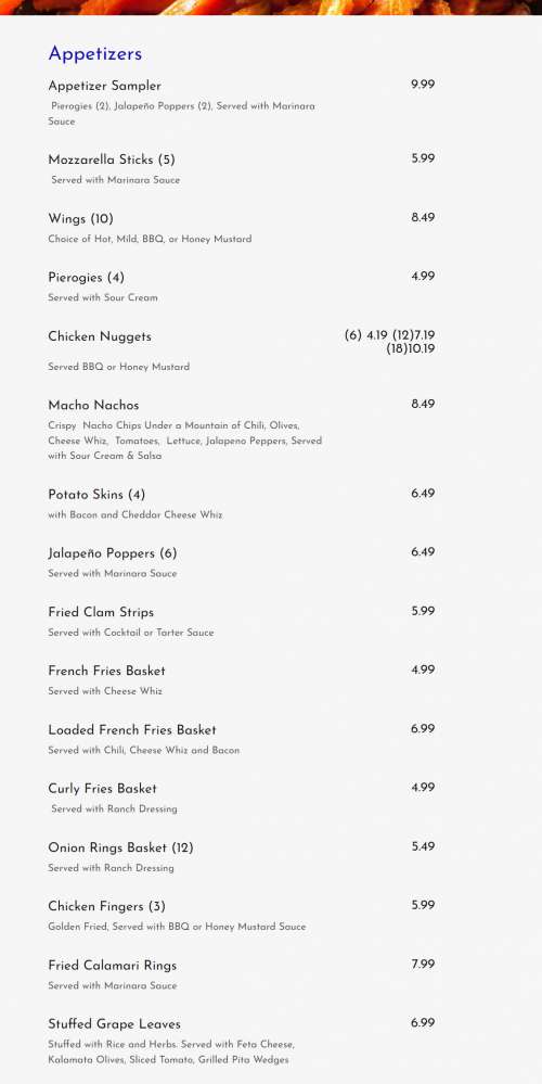 Three Cousins Diner menu in Pottstown, Pennsylvania, USA