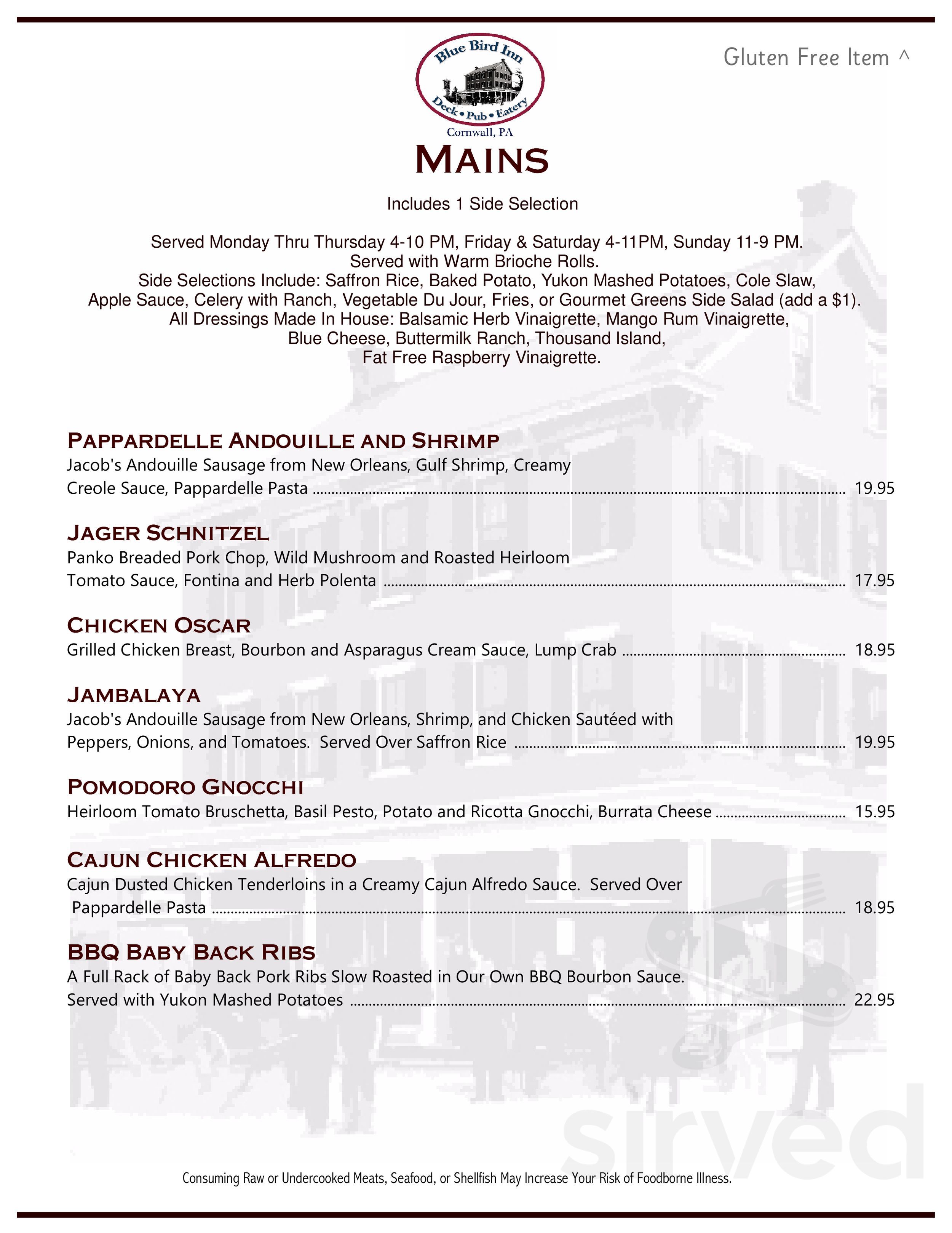 Menu - Lebanon PA's Blue Bird Inn | Sirved