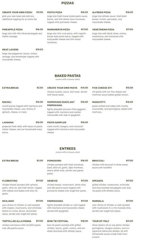 Tavolo Italian Ristorante menu in Batesville, Arkansas, USA