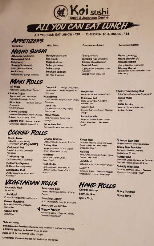 Koi Sushi menu in Incline Village, Nevada, USA