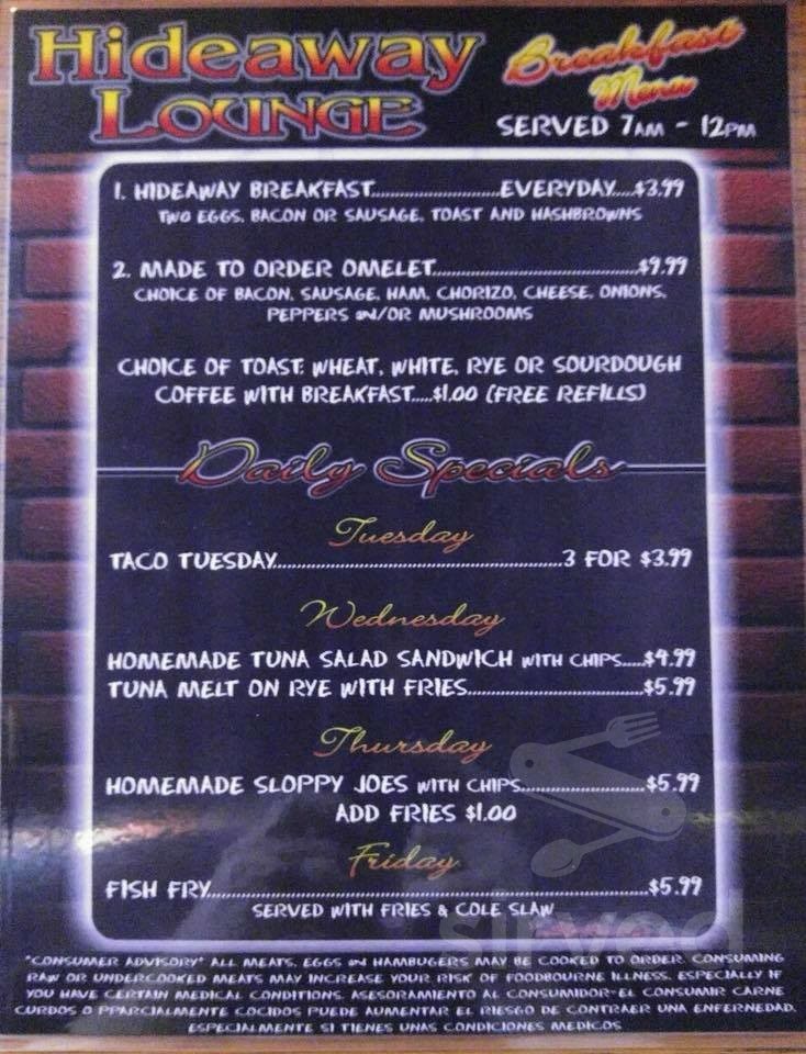 Menu for Hideaway Lounge in Phoenix, Arizona, United States