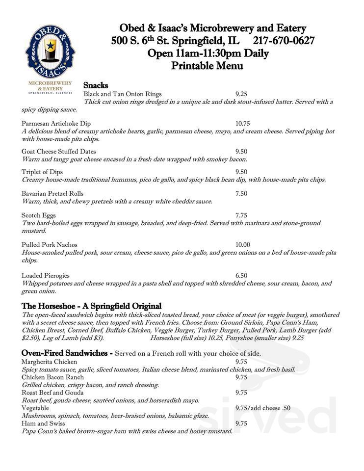Obed & Isaac's Microbrewery menu in Springfield, Illinois, USA