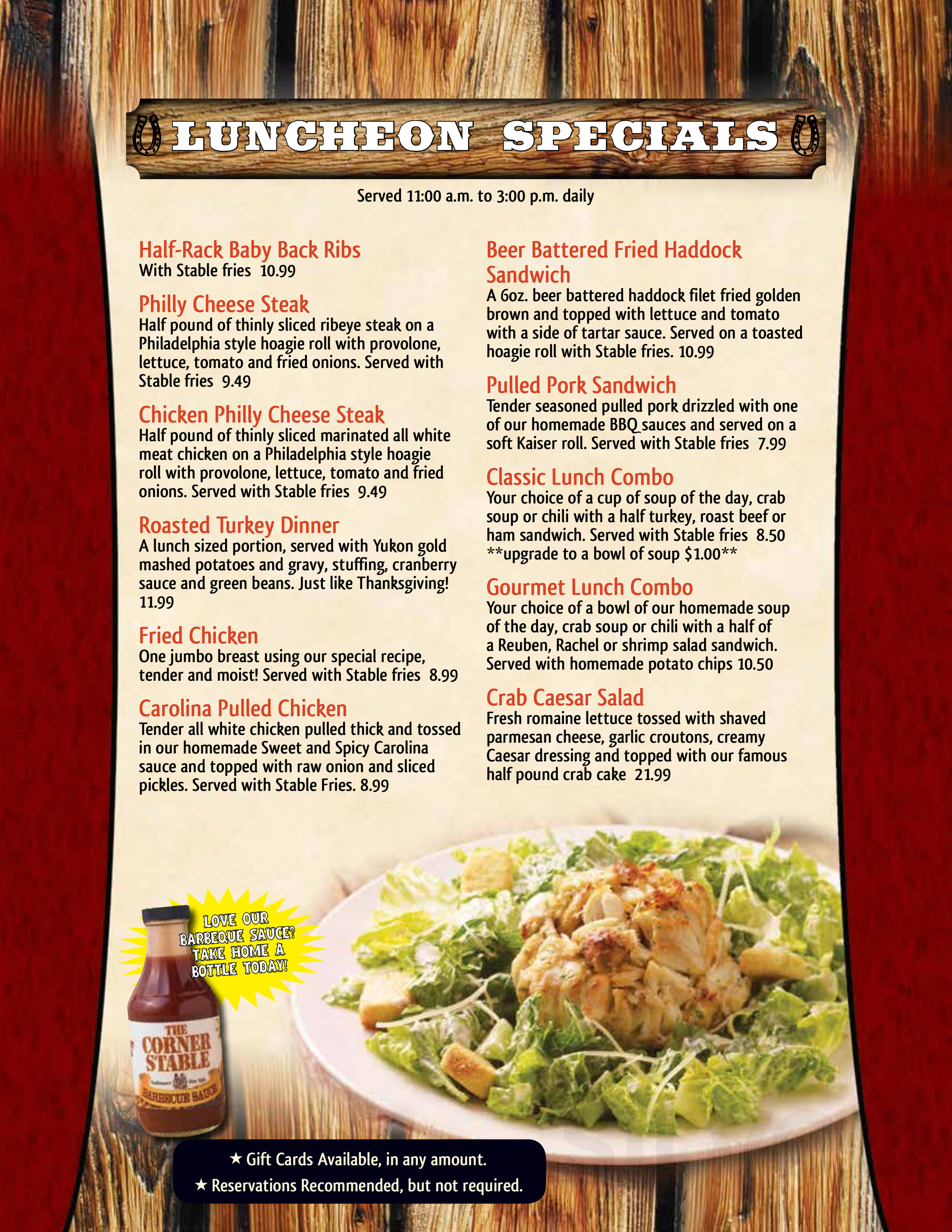The Corner Stable menu in Columbia, Maryland, USA