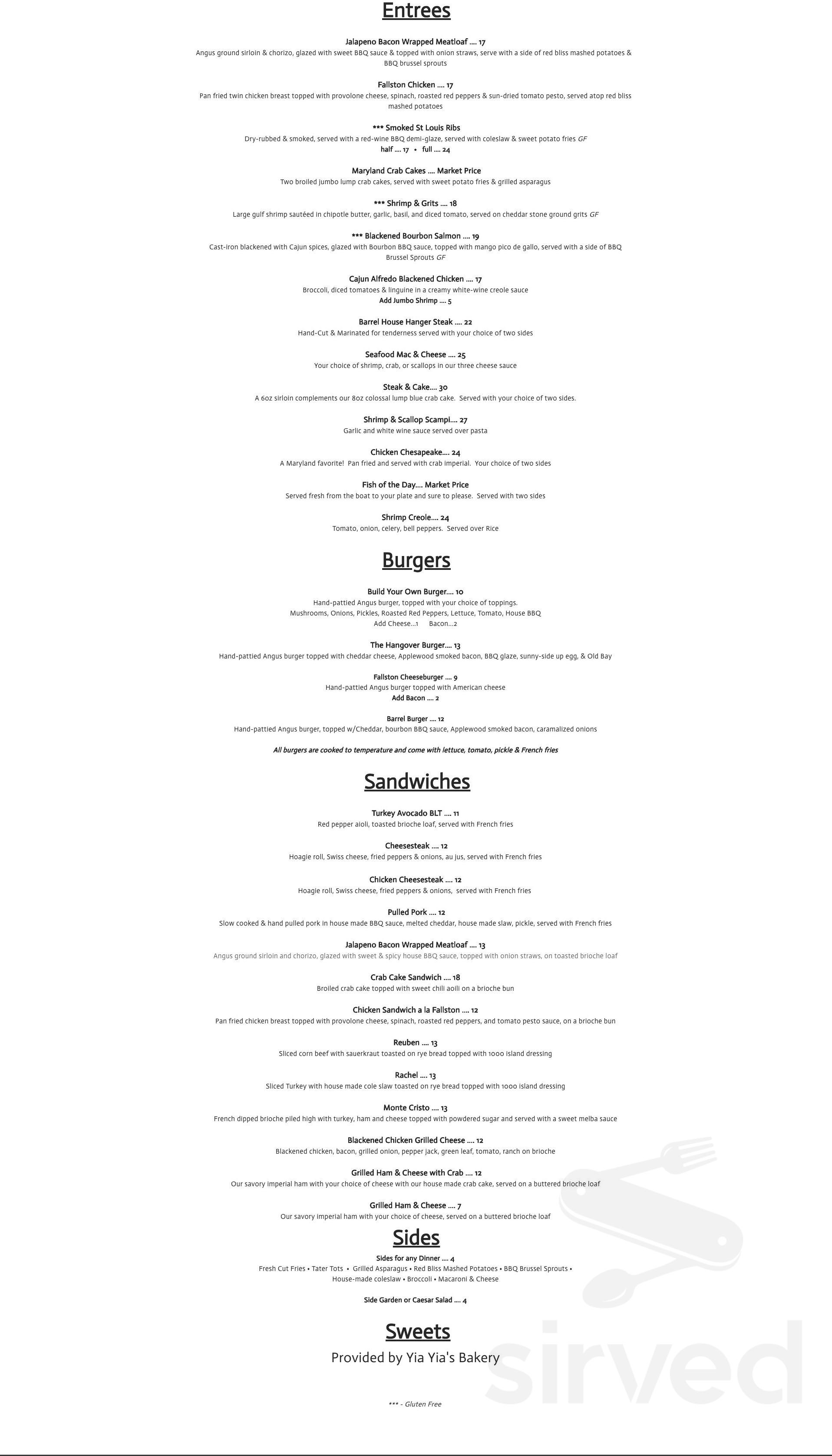 Fallston Barrel House menu in Fallston, Maryland, USA