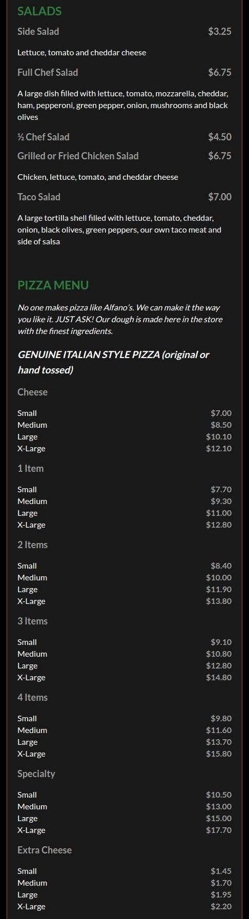 Alfano's Pizza Restaurant menu in Carthage, Illinois, USA