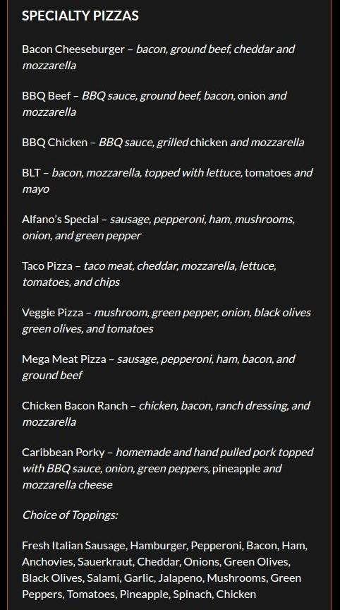 Alfano's Pizza Restaurant menu in Carthage, Illinois, USA