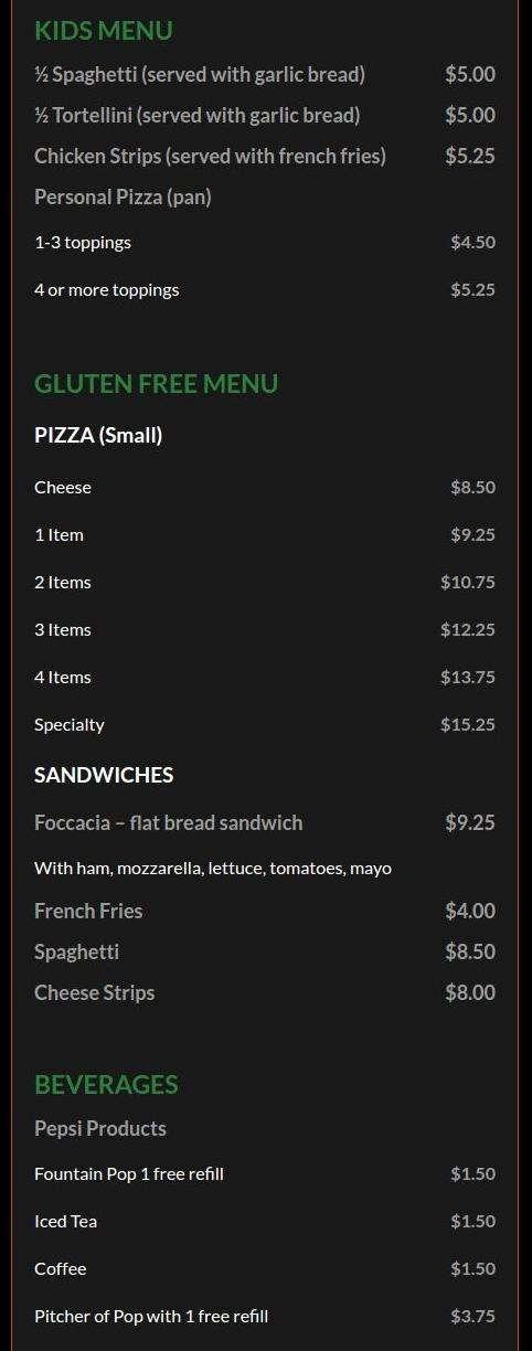 Alfano's Pizza Restaurant menu in Carthage, Illinois, USA