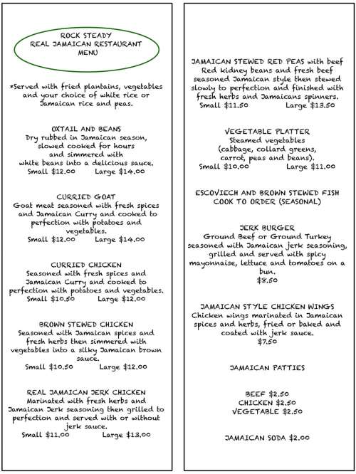 Rock Steady Real Jamaican Restaurant menu in San Diego, California, USA