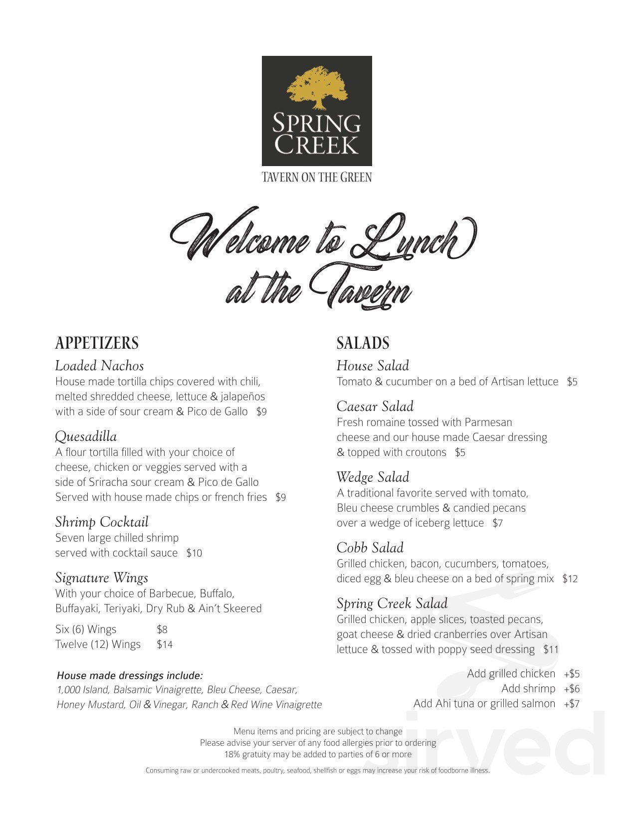 Tavern on the Green at Spring Creek Events menu in Zion Crossroads ...