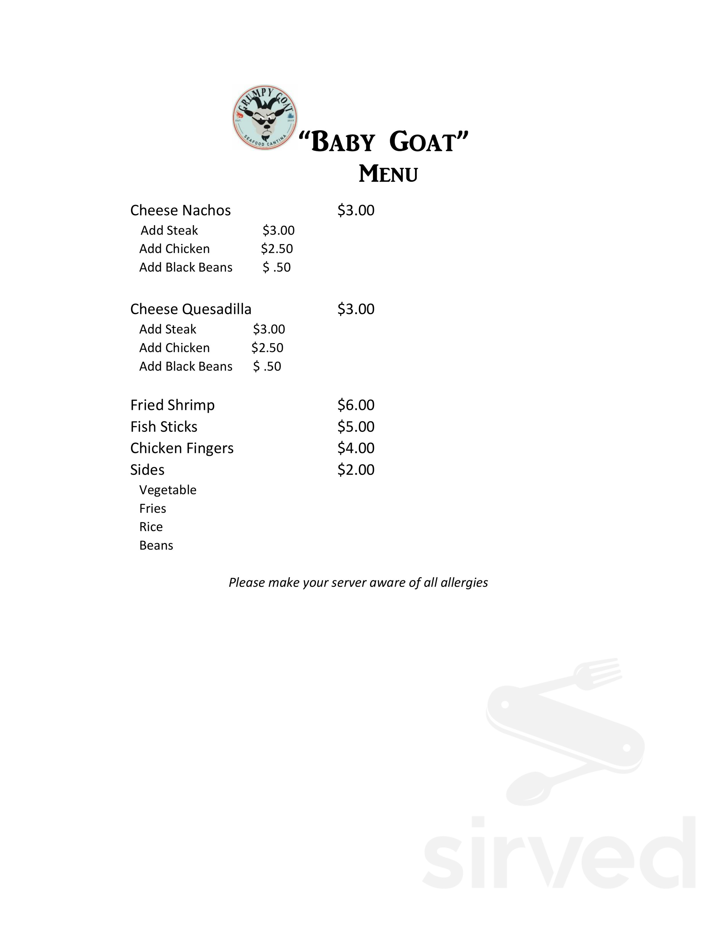 Grumpy Goat Seafood Cantina menu in Charleston, South Carolina, USA