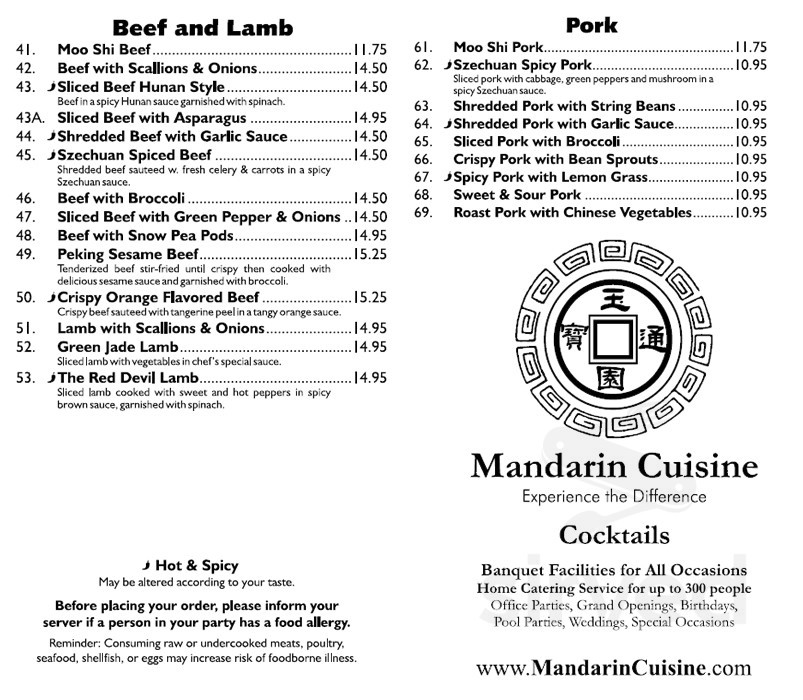 Mandarin Cuisine menu in Needham, Massachusetts, USA