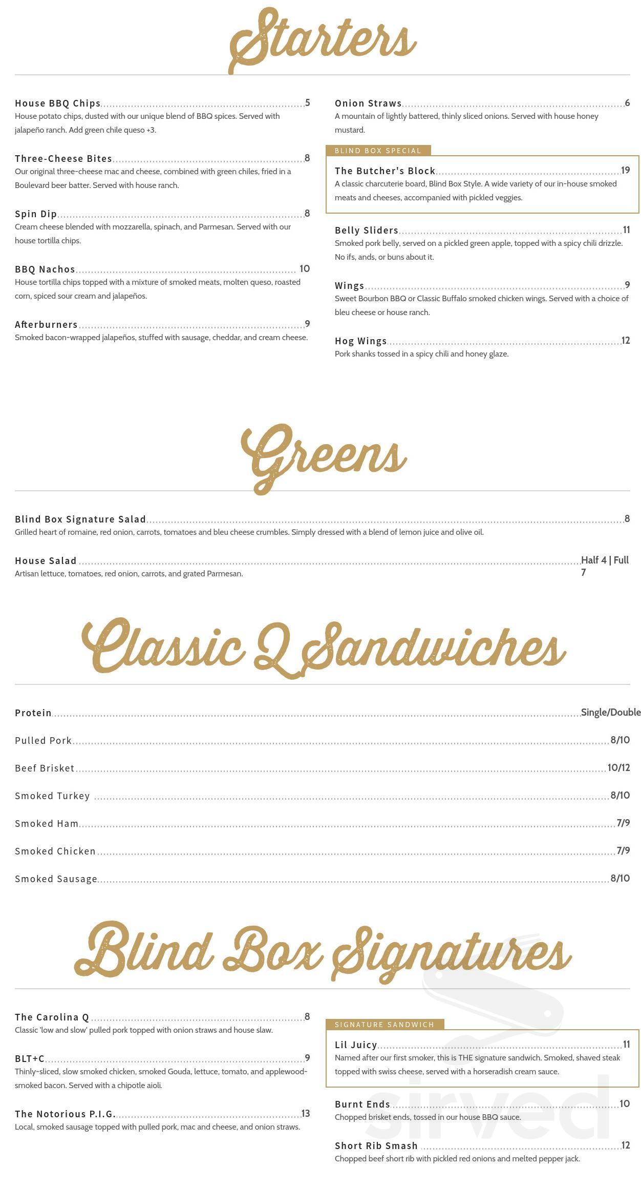 Blind Box BBQ menu in Shawnee, Kansas, USA