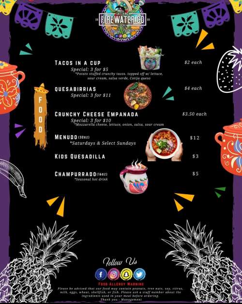 FireWater Co. menu in Bakersfield, California, USA