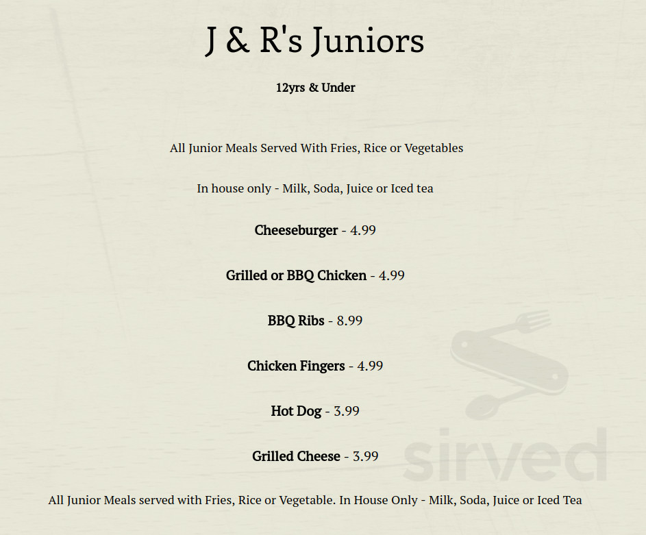 Menu for J & R’s Steakhouse in Calverton, NY | Sirved