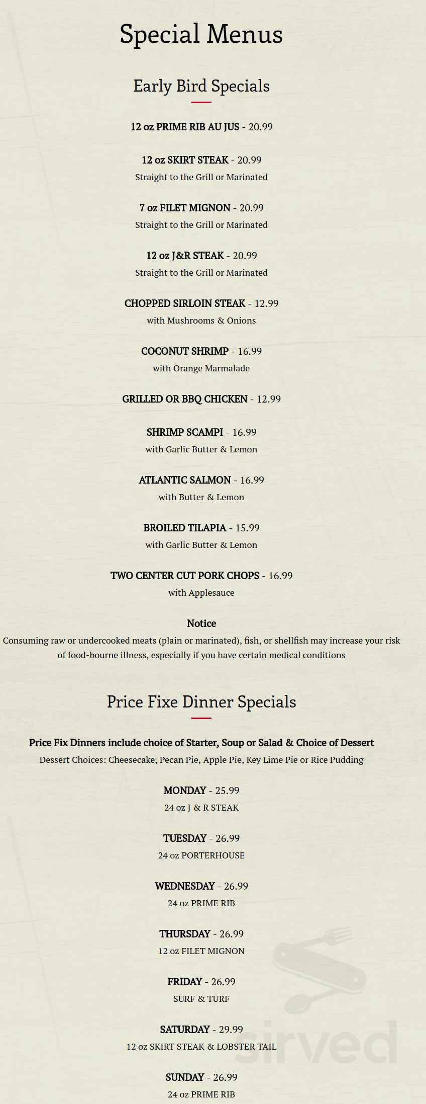 Menu for J & R’s Steakhouse in Calverton, NY | Sirved