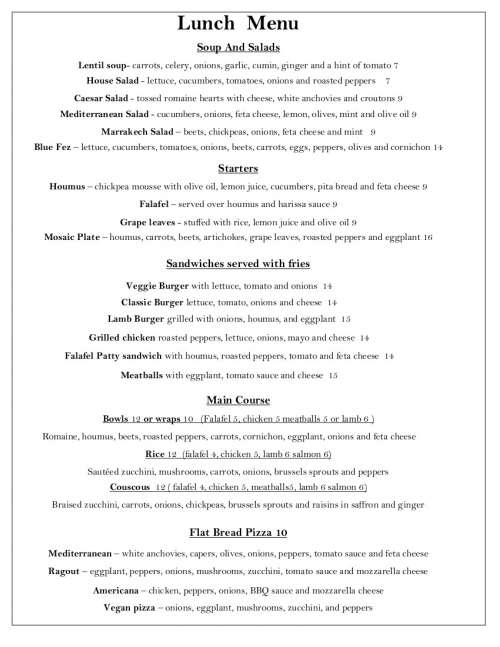Blue Fez menu in Salem, Massachusetts, USA