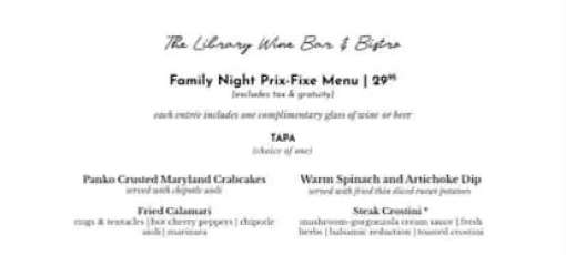 Menu for The Library Wine Bar and Bistro in Wallingford, CT | Sirved