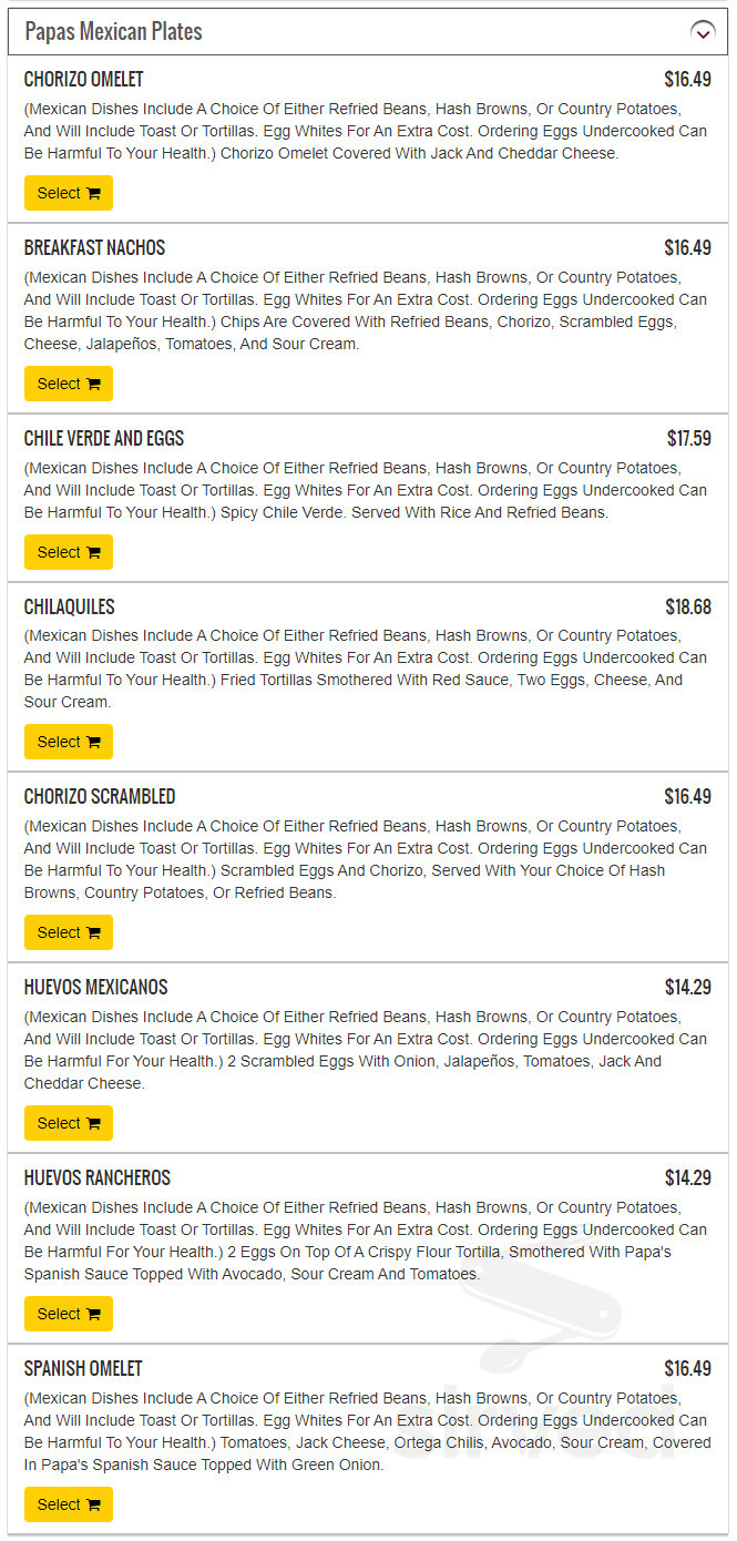 Menu for PAPA'S PLACE in Morgan Hill, California, United States
