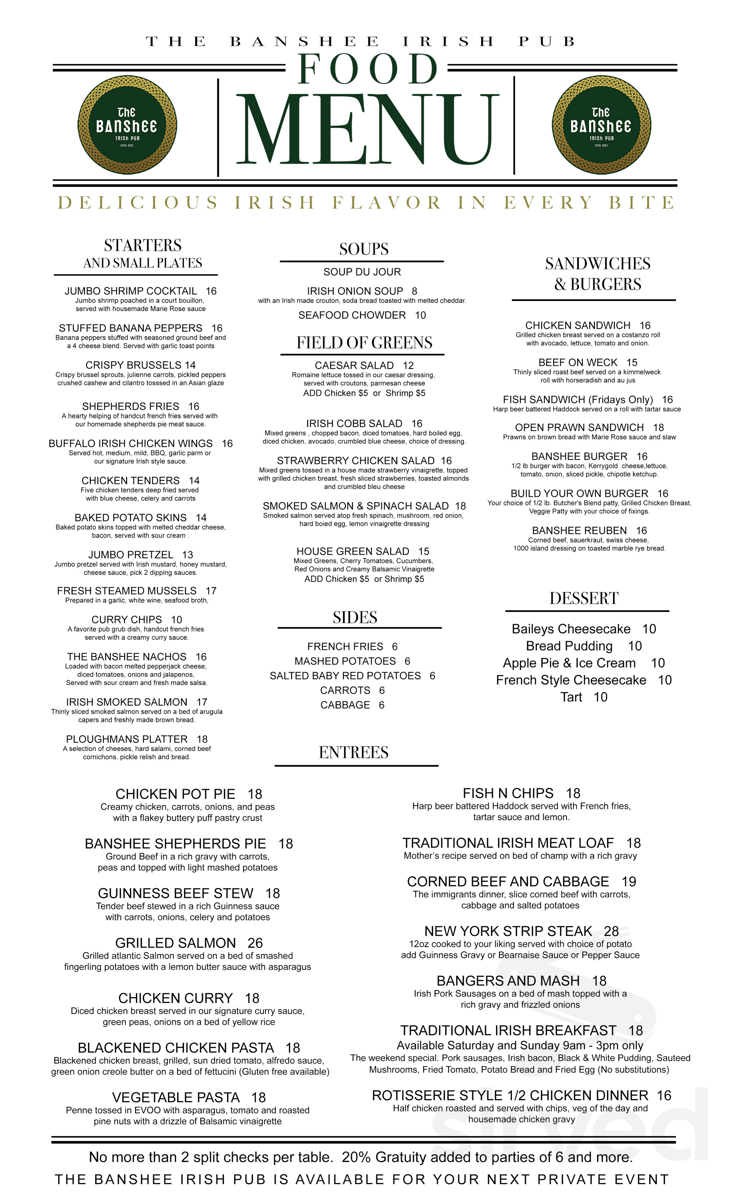 The Banshee Irish Pub menu in Buffalo, New York, USA