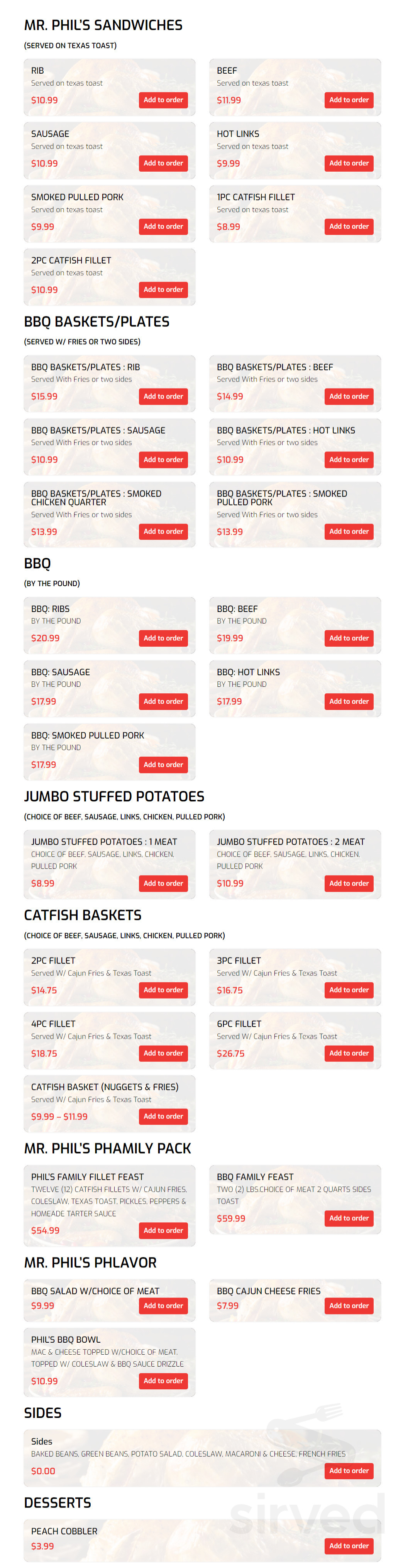 Mr.Phil's BBQ Catfish & Catering menu in Dallas, Texas, USA