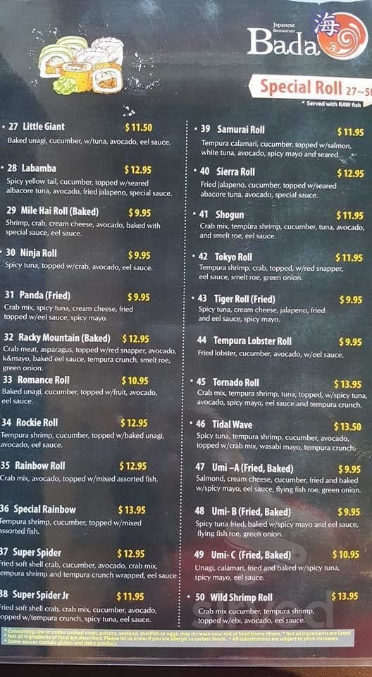 Bada Japanese Restaurant menu in Colorado Springs, Colorado, USA