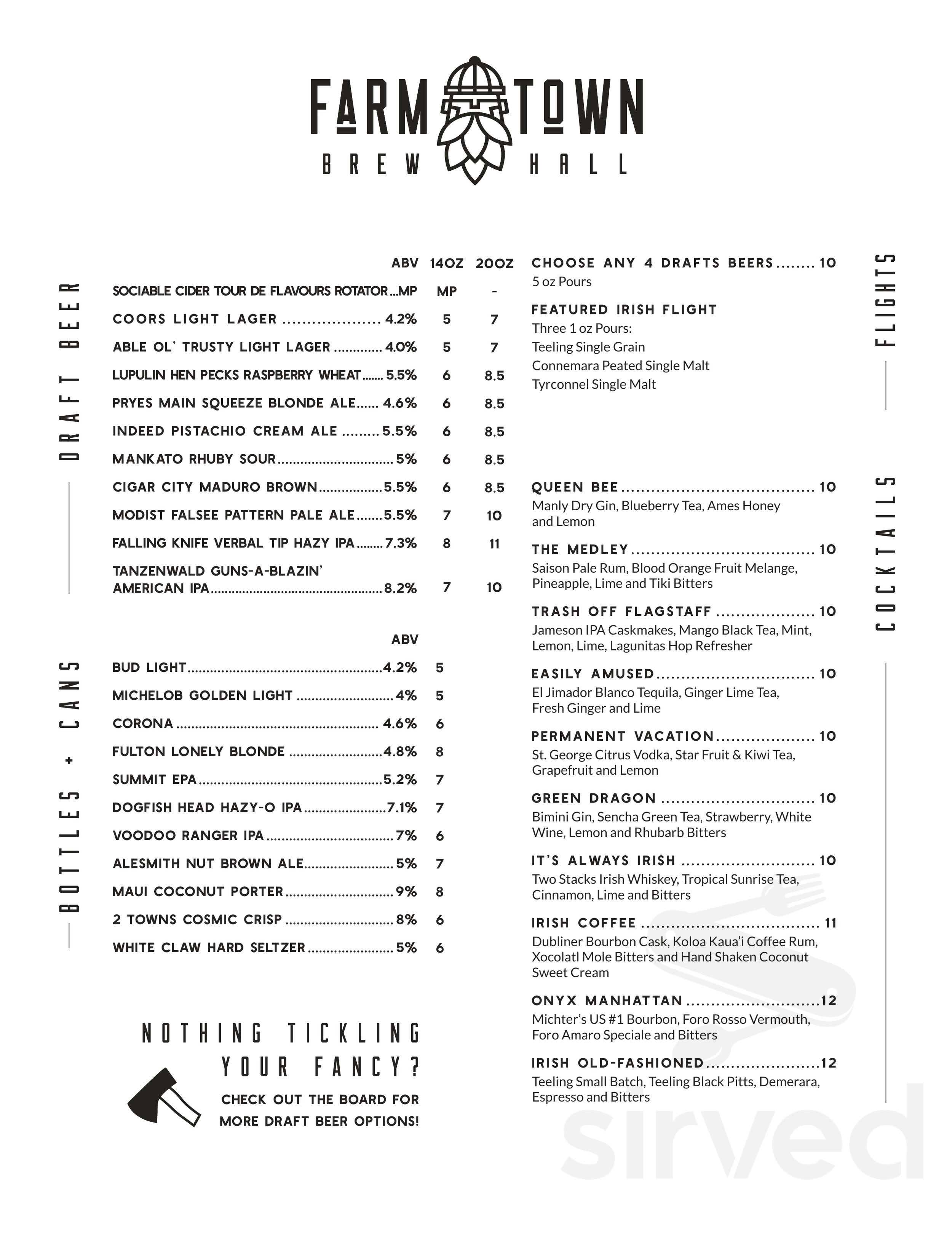 Farm Town Brew Hall menu in Farmington, Minnesota, USA