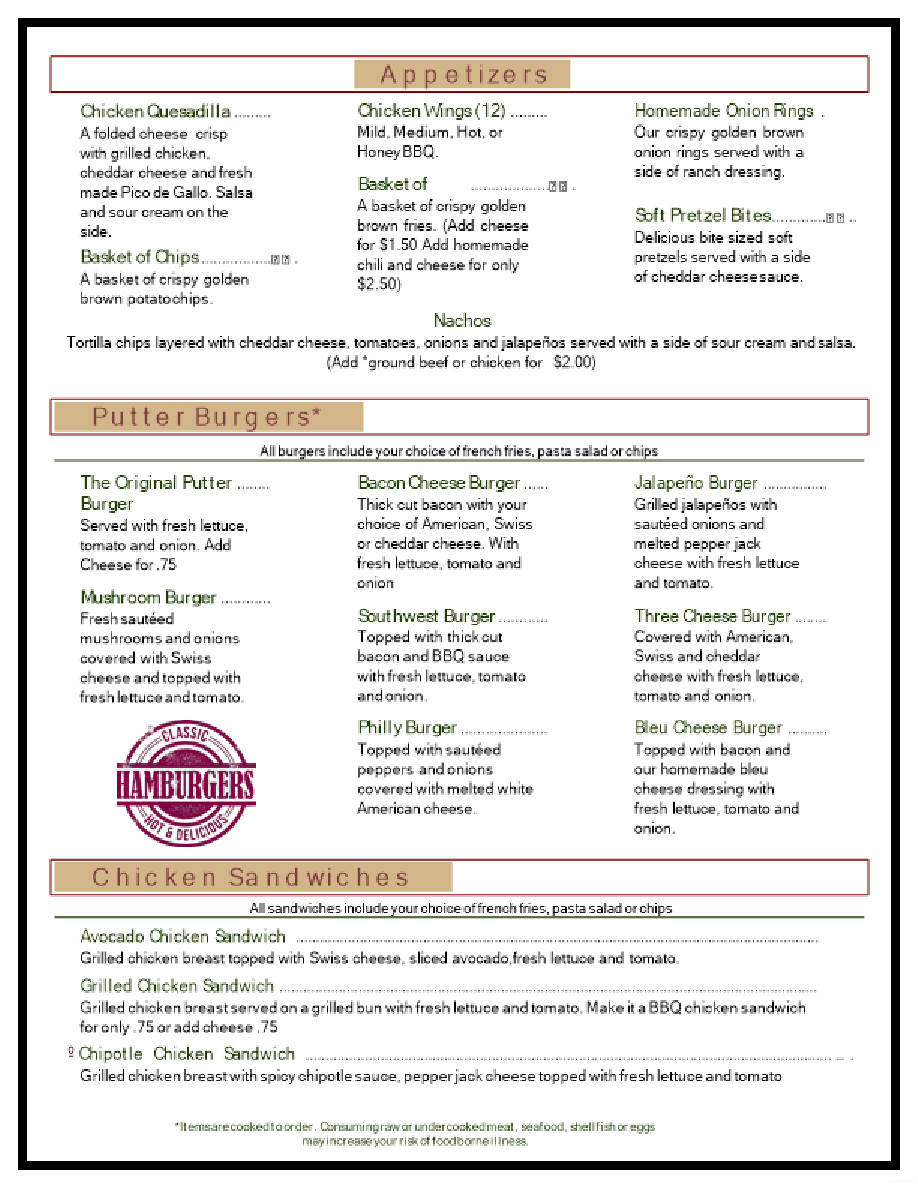 The Crooked Putter Restaurant menu in Buckeye, Arizona, USA